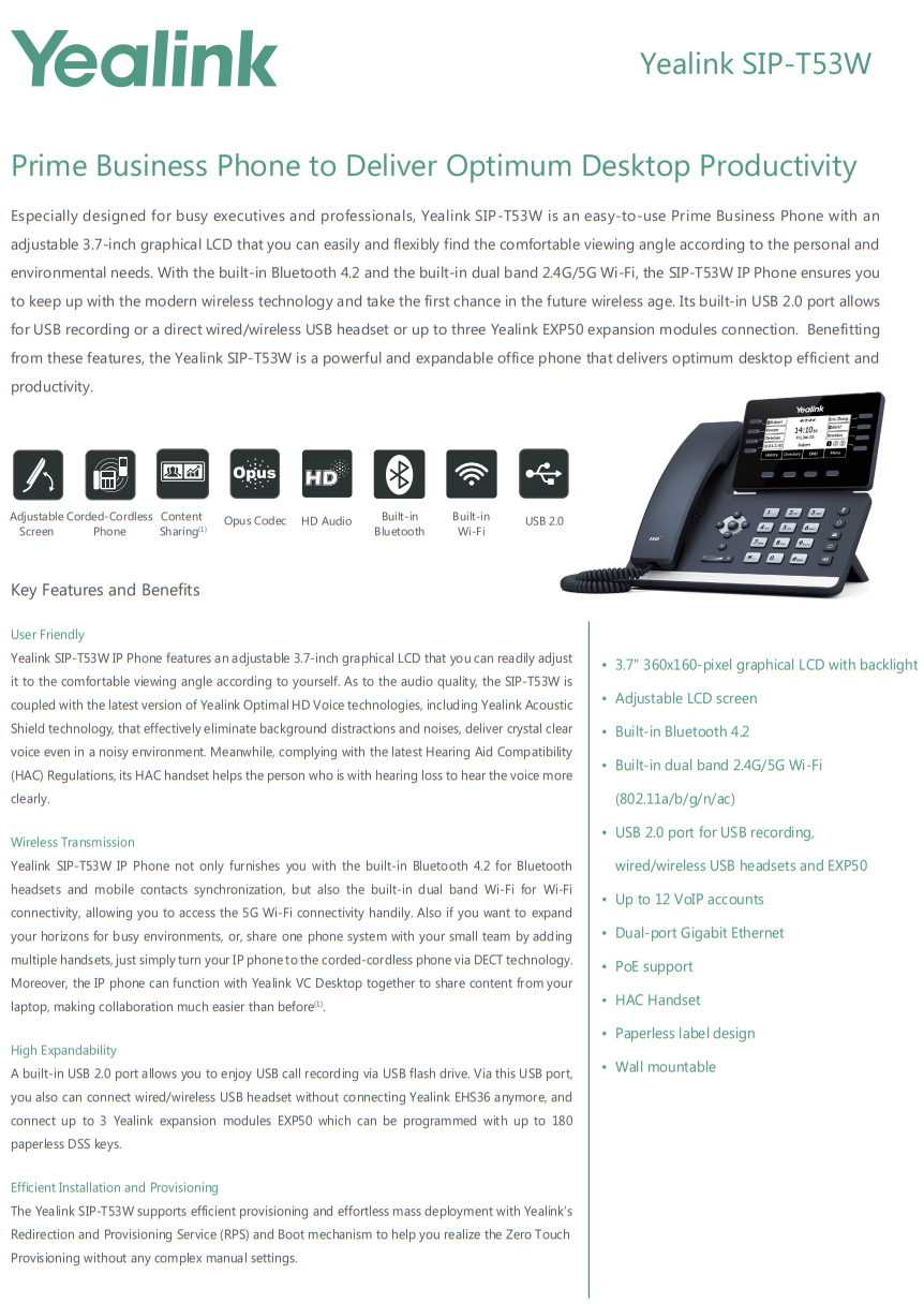 Yealink SIP-T53W Premium 3.7inch Grey LCD Gigabit 12-Line IP Phone ...