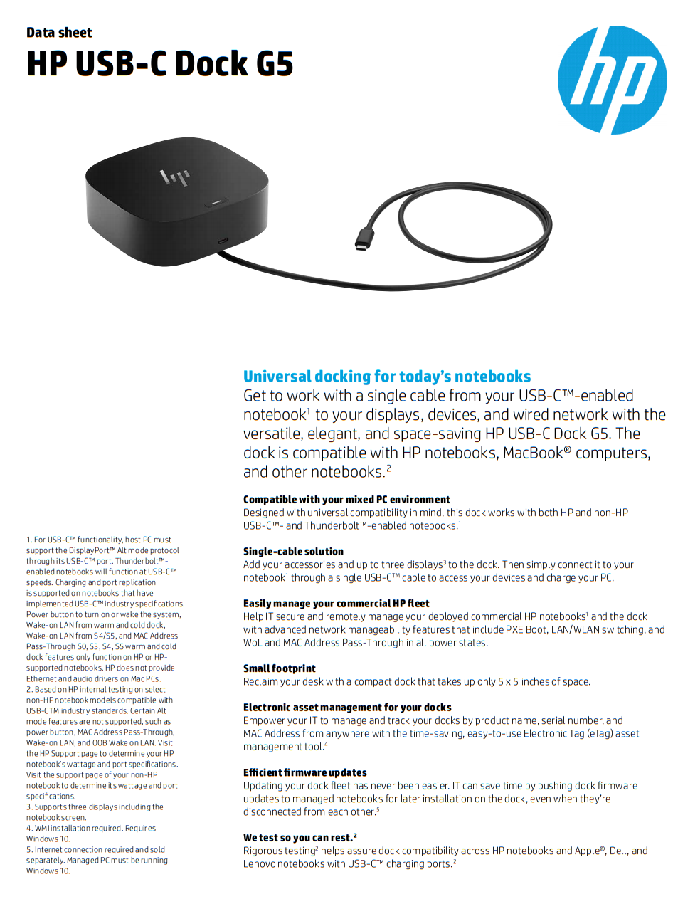 HP USB-C Dock G5 (Power delivery up to 100w for HP notebooks ...