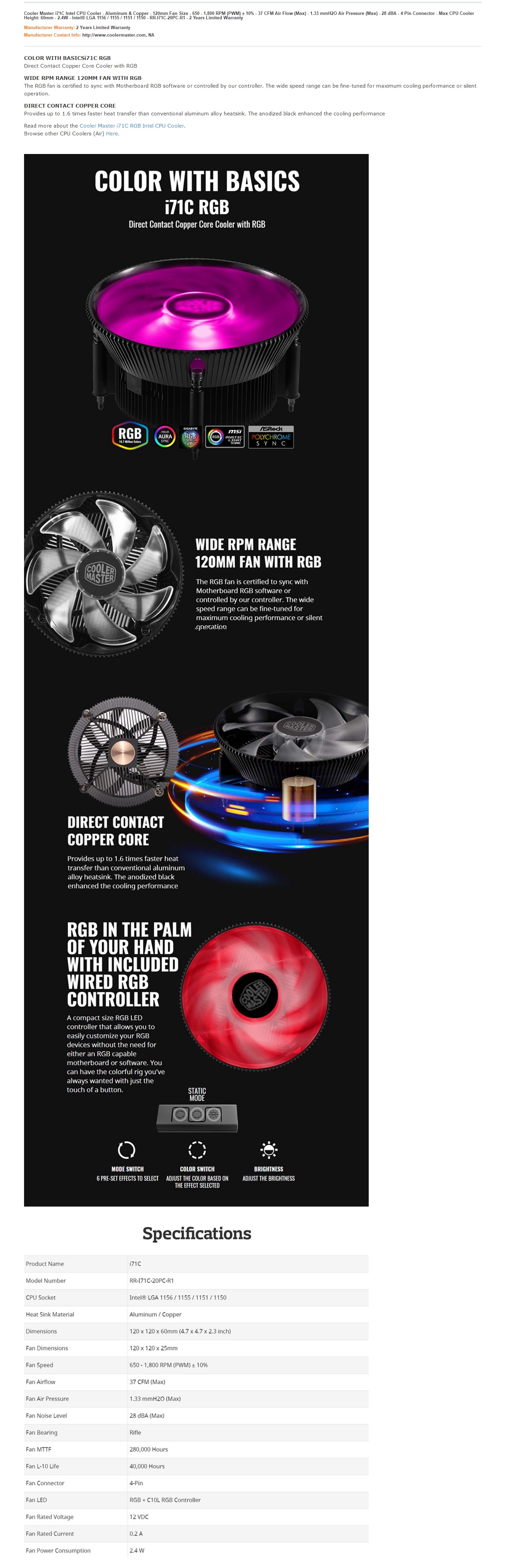 Cooler Master i71C RGB Intel CPU Cooler | BPC Technology